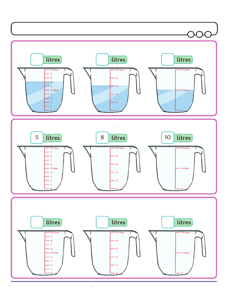 Measuring Volume in Litres Activity Sheet | PDF | Volume | Litre