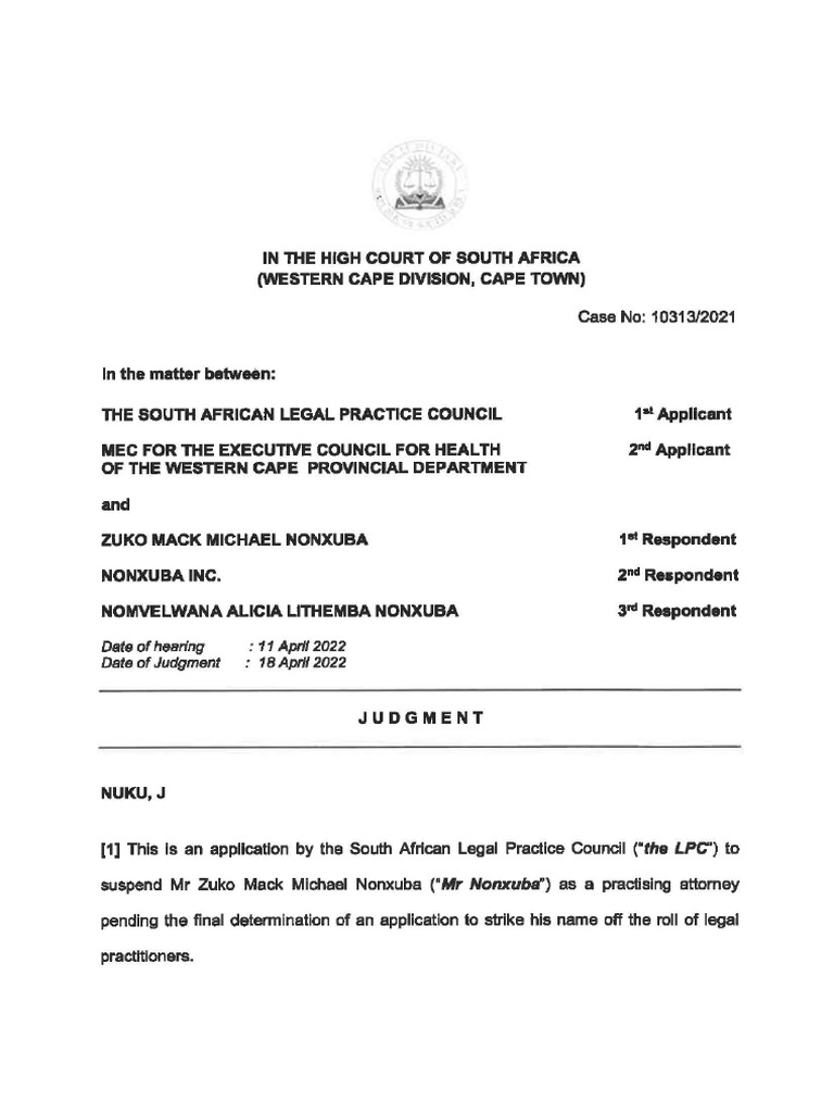 South African Legal Practice Council V Nonxuba and Another | PDF