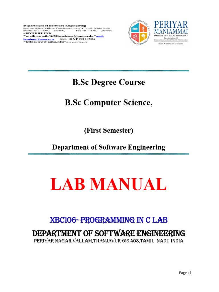 Xbc106 Lab - Programming in C - Manual | PDF | Pointer (Computer Programming) | Parameter ...
