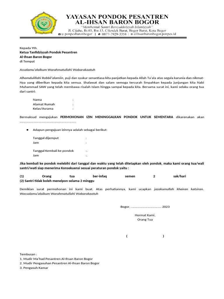Template Surat Izin Keluar Pondok-1 | PDF