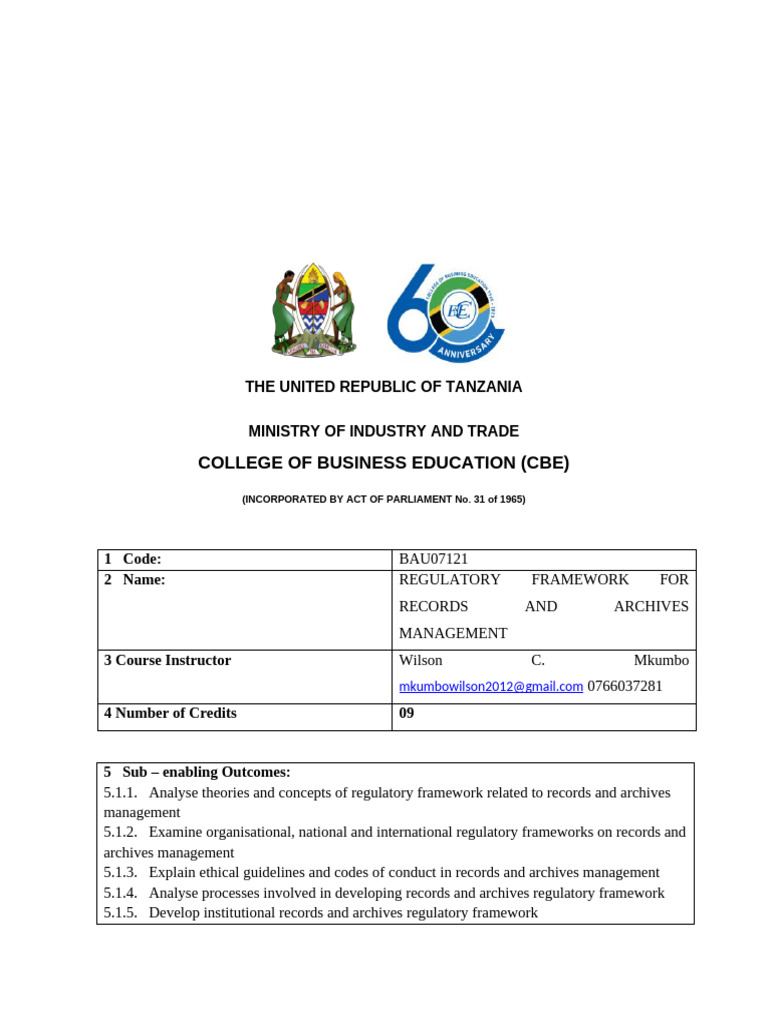 Course Outlines - Regulatory Framework For Records and Archives ...