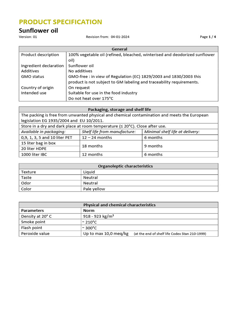 Sunflower Oil - Specification Sheet | PDF | Fat | Chemical Substances