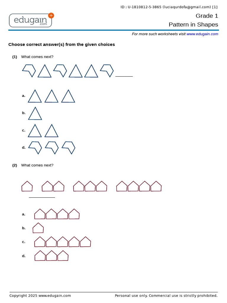 Grade 1 Pattern Recognition Worksheet | PDF
