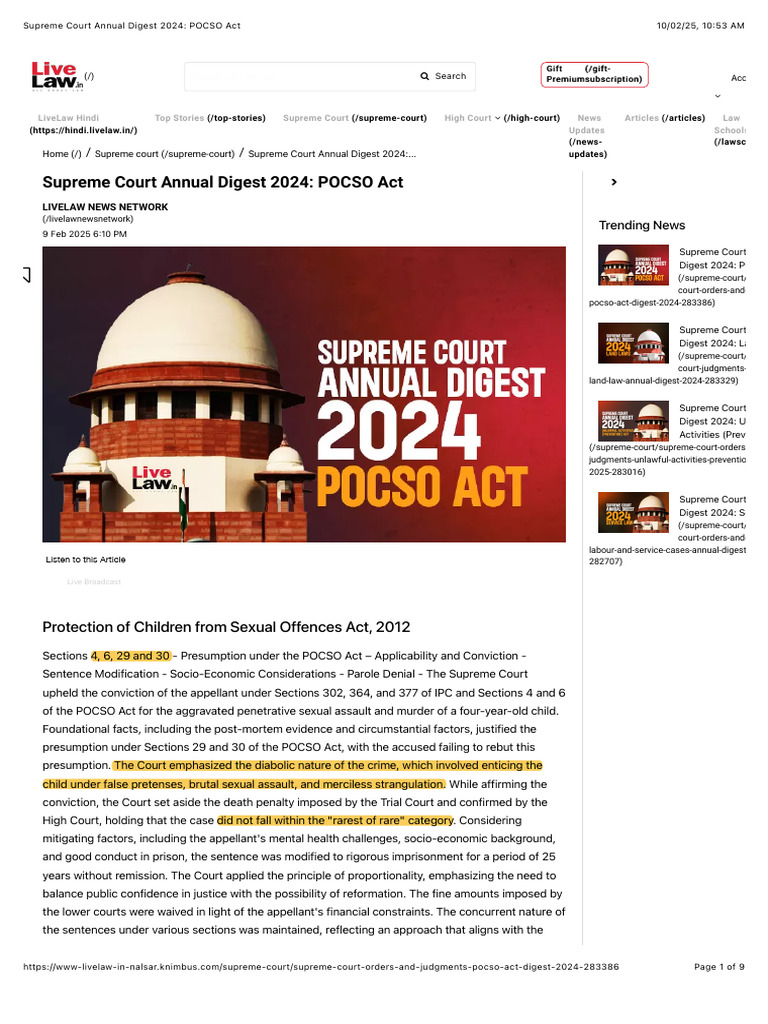 Supreme Court Annual Digest 2024: POCSO Act | PDF | Bail | Supreme Court Of India