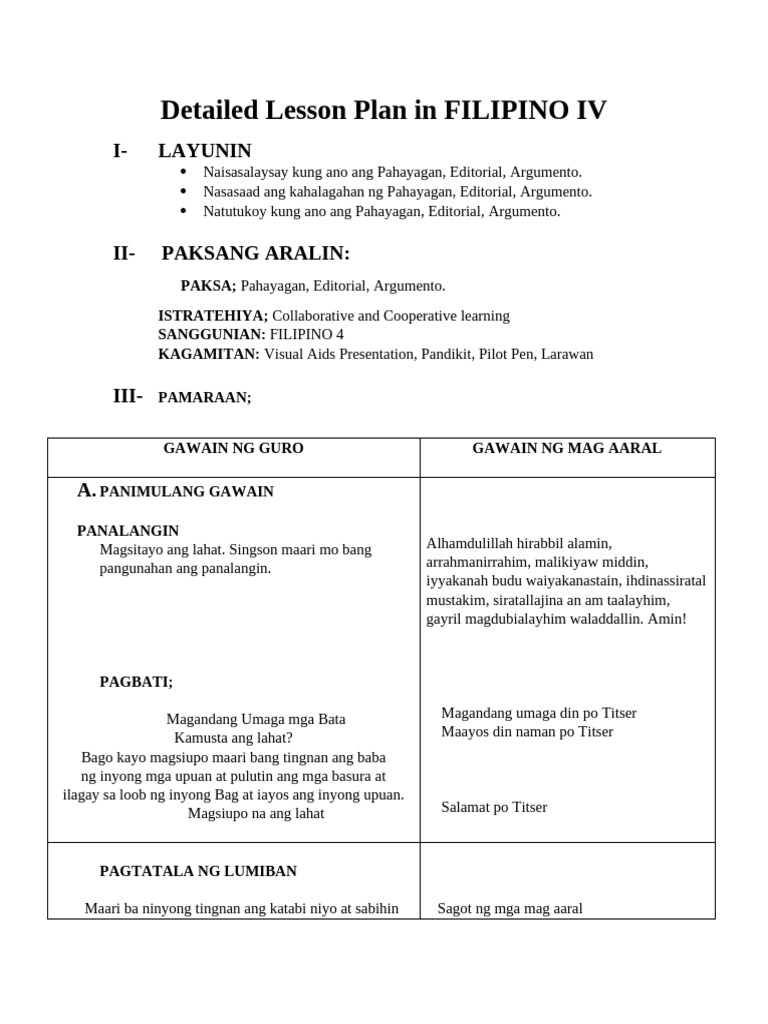 Detailed - Lesson Plan in Filipino IV1 | PDF