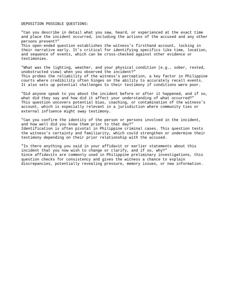Deposition Possible Questions | PDF