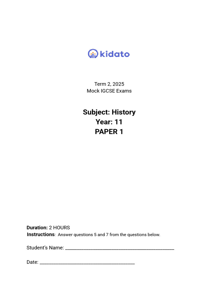 Kidato - Year 11 - History Mock IGCSE PAPER 1 | PDF