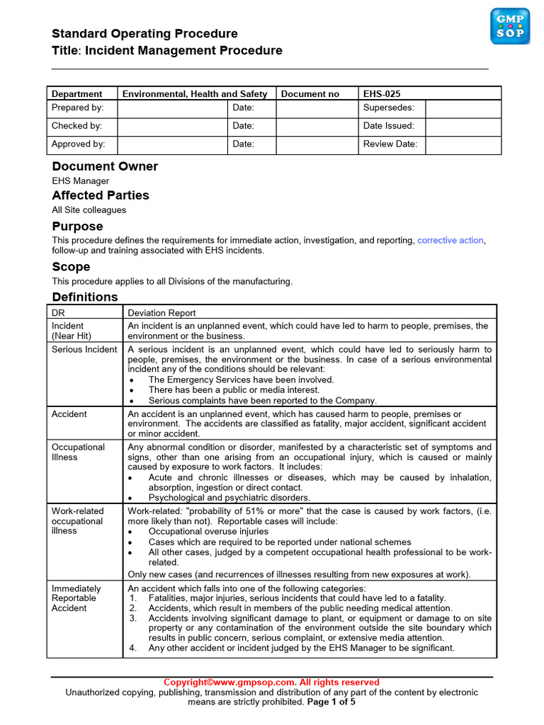 EHS 025 EHS Incident Management Procedure Sample | PDF | Occupational ...