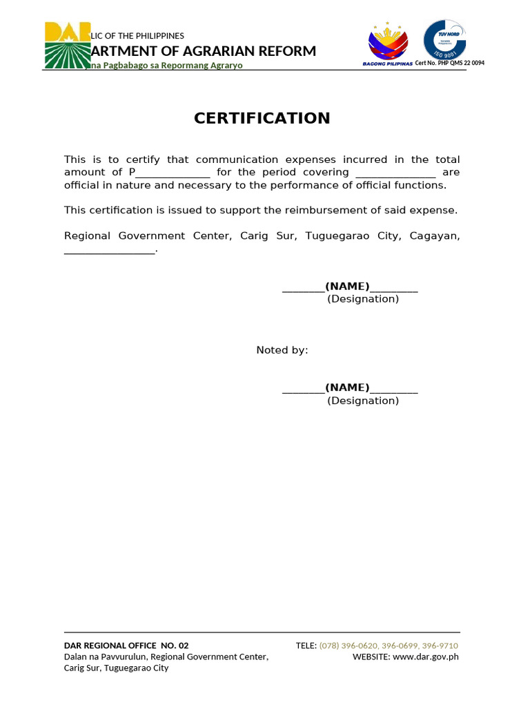 CERTIFICATION For Communication Allow | PDF