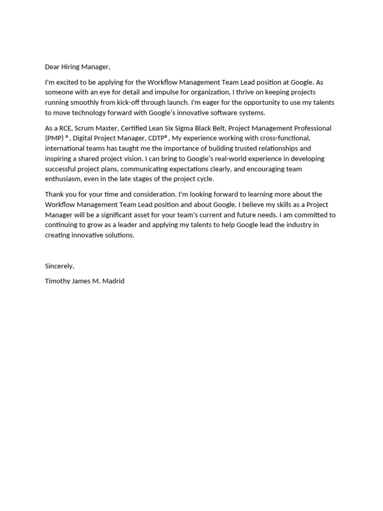 Cover Letter For Google Operations | PDF