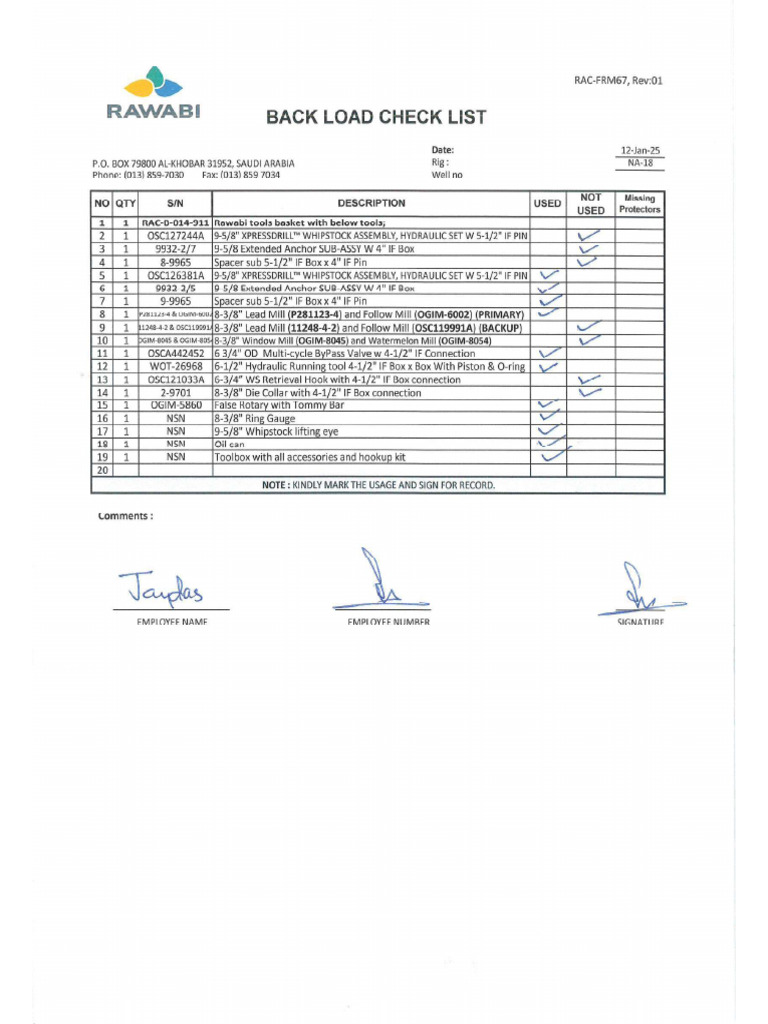 NA-18 Backload Checklist - Whipstock | PDF