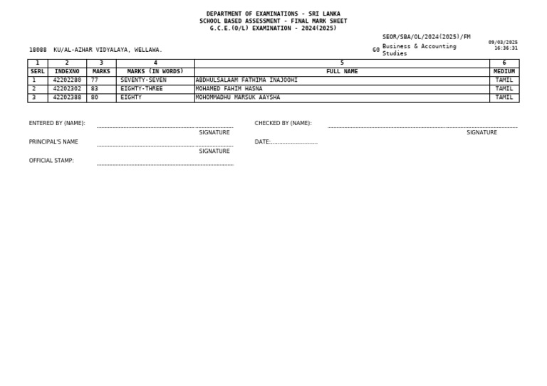 Entered by (Name) : Checked by (Name) : Signature Signature Principal'S ...