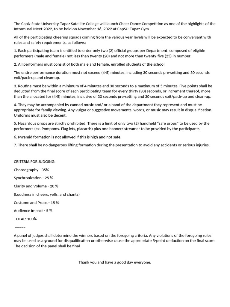 CapSU-Tapaz Cheer Dance Competition 2022 | PDF