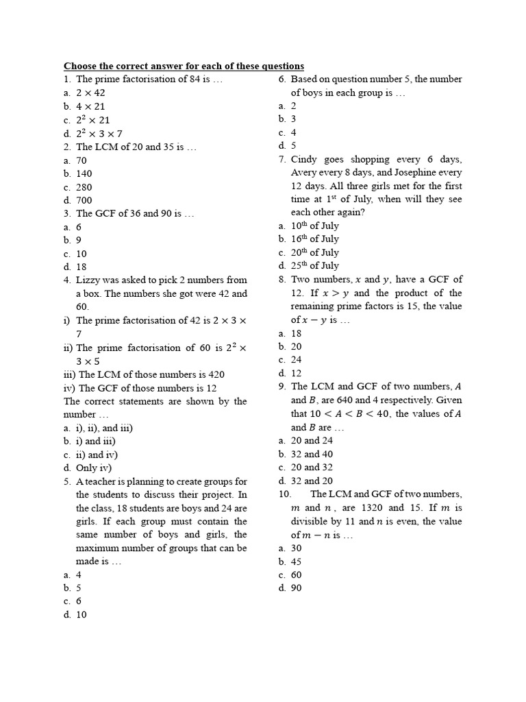Exercise LCM, GCF, and Ratio-1 | PDF | Elementary Mathematics | Arithmetic
