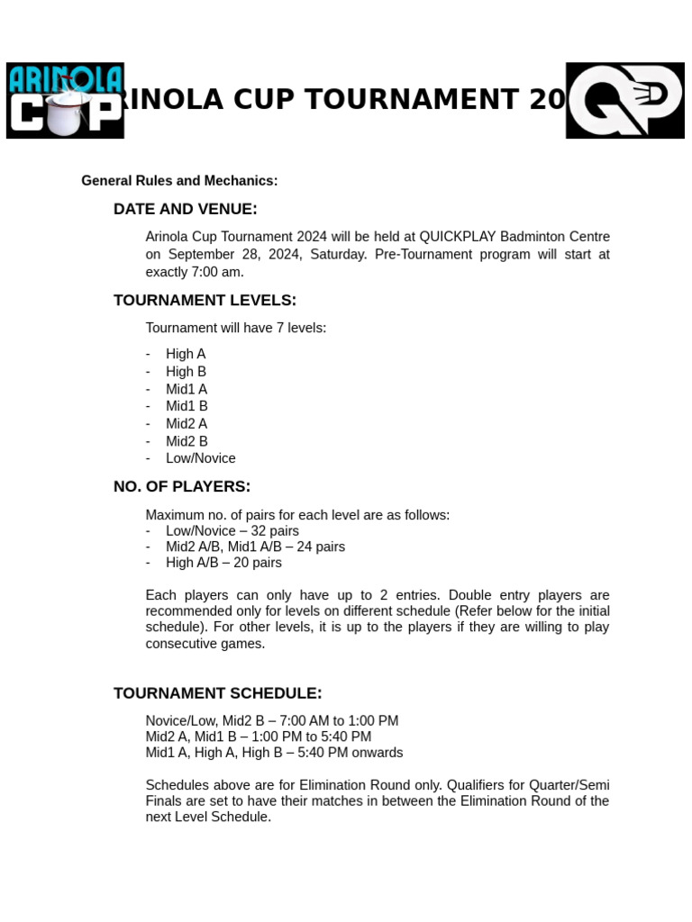 Arinola Cup 2024 Tournament Details | PDF | Tournament | Sports ...