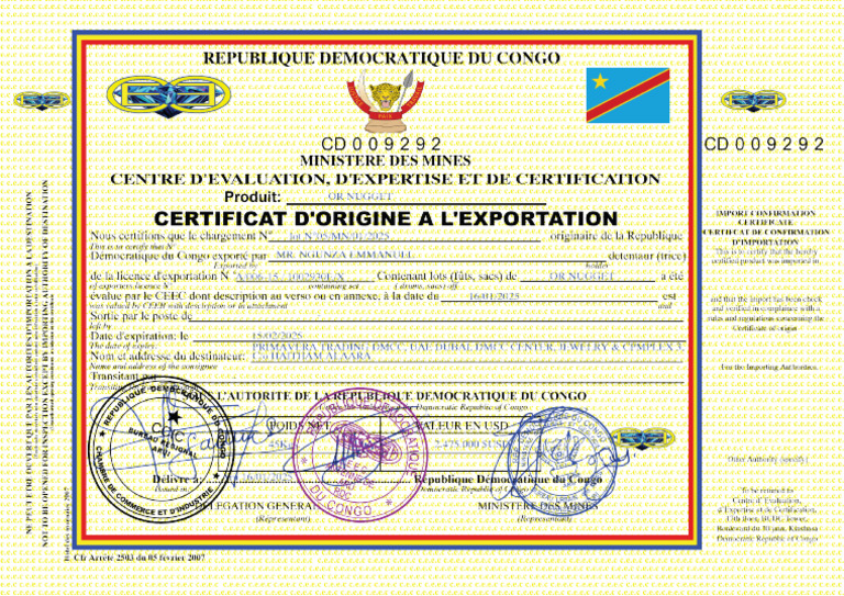 Certificat D'origine A L'exportation - Aru - MR Nganzu | PDF