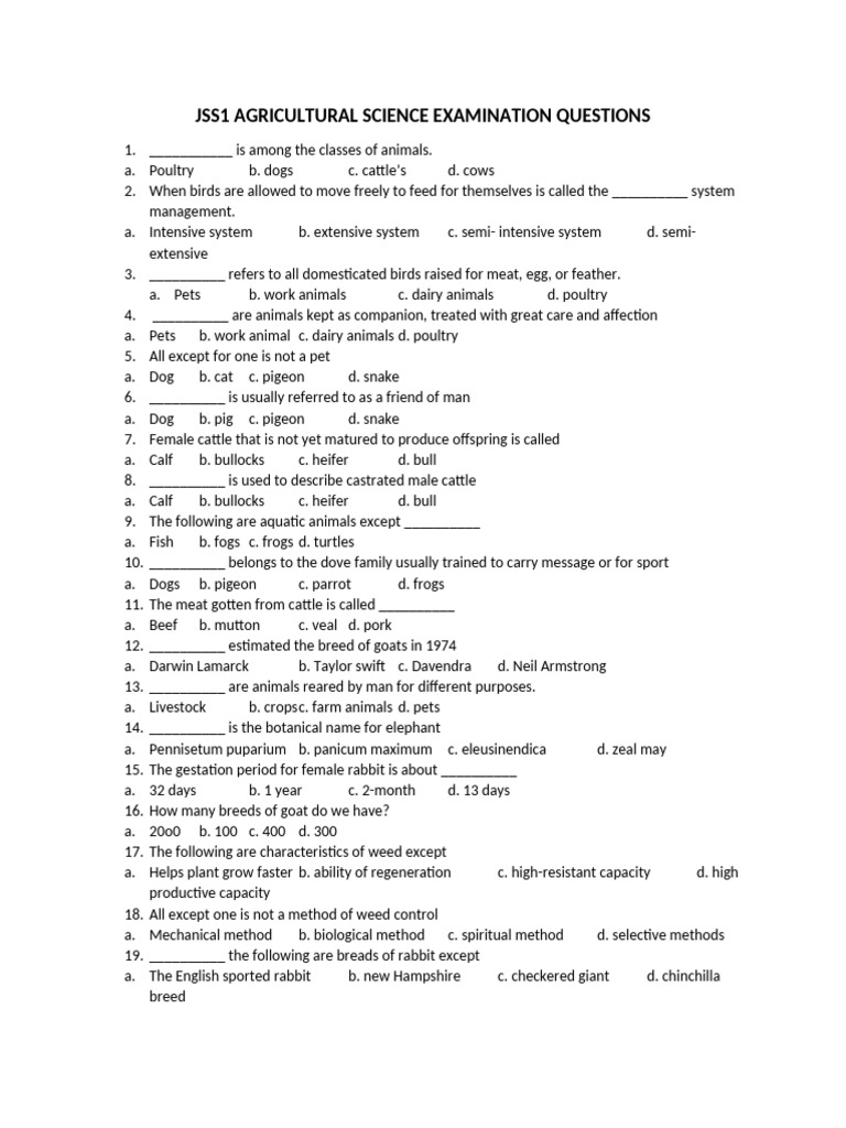 JSS1 Agricultural Science Exam Questions | PDF | Rock (Geology) | Stocks