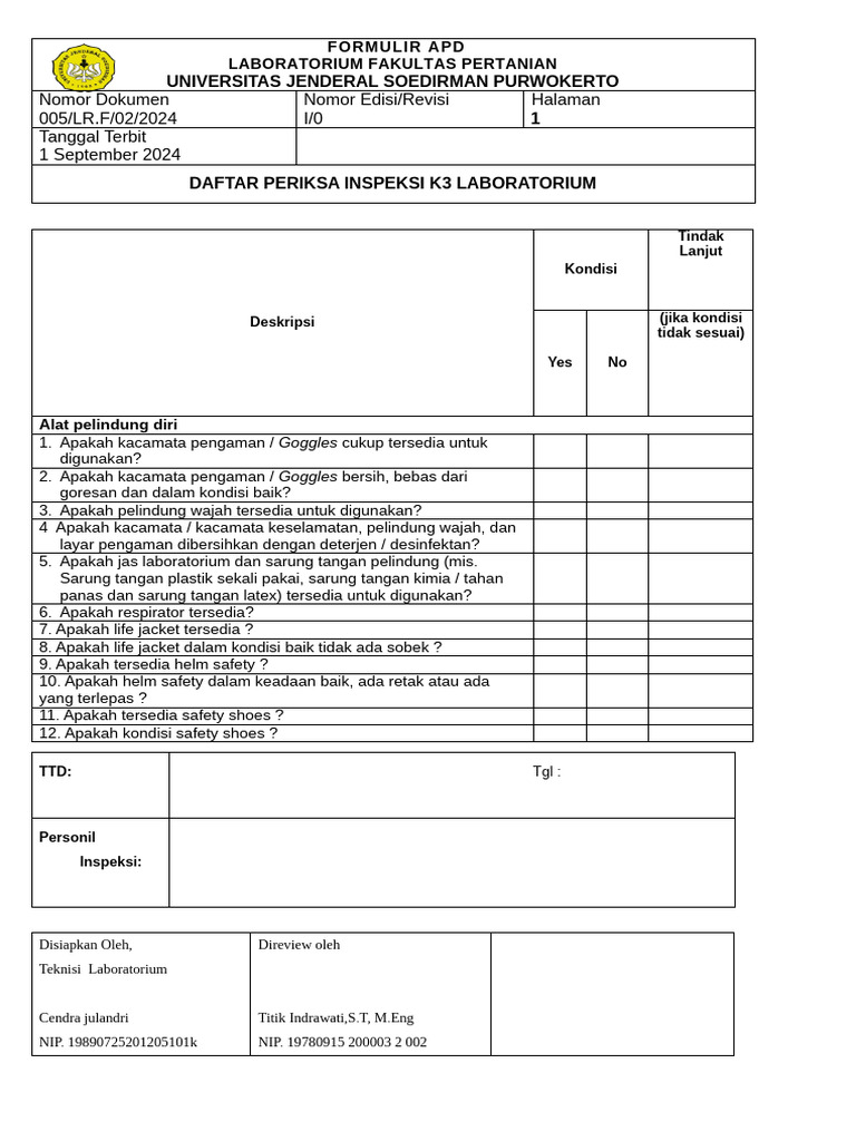 Form Ceklis APD Cendra | PDF