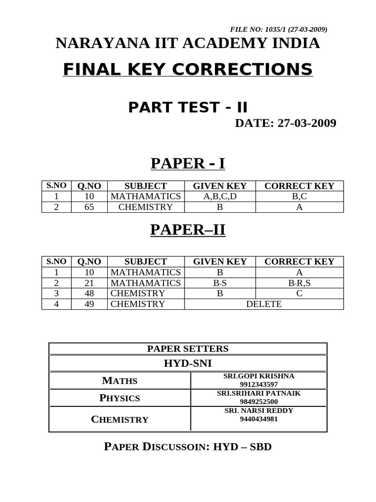 Narayana Part Test - 2 Ex - DT 27.03.09 | PDF