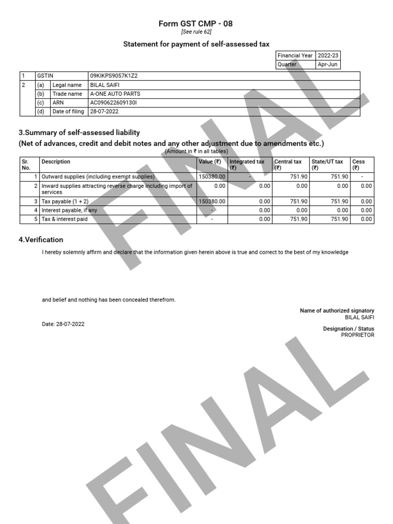 GST CMP-08 Self-Assessment Statement 2022 | PDF | Taxes | Public Finance