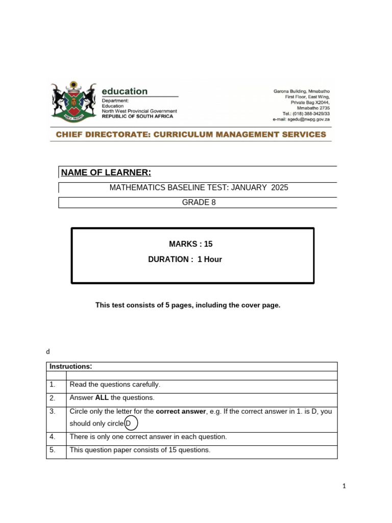 Grade 8 Term 1 2025 MATHEMATICS BASELINE TEST-1 | PDF | Mathematics