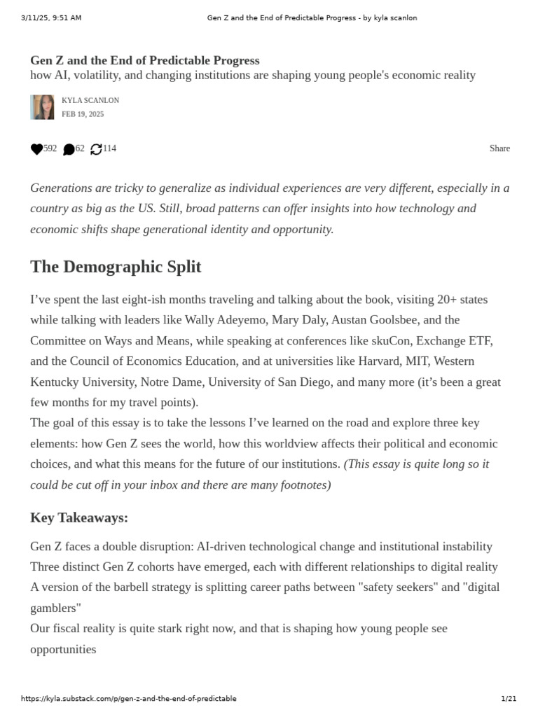 Gen Z and The End of Predictable Progress - by Kyla Scanlon | PDF ...