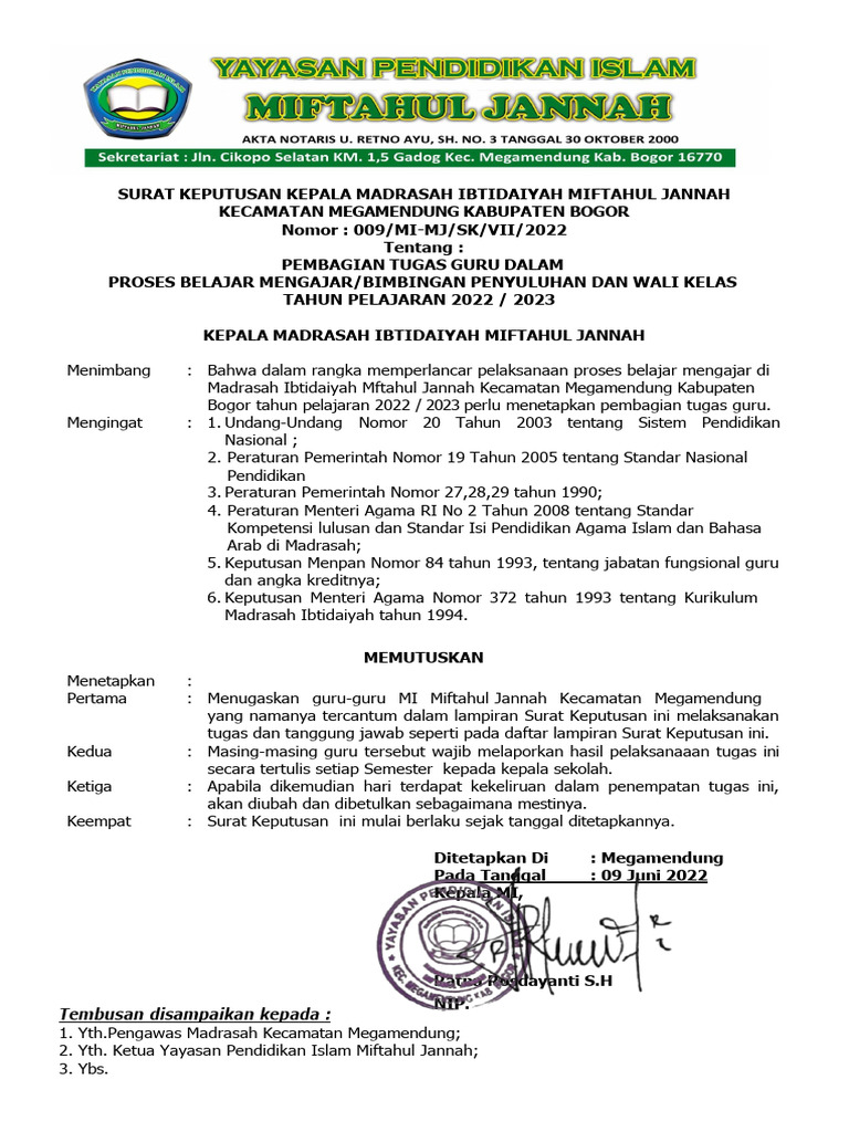 SK Pembagian Tugas Mengajar 2022-2023 | PDF