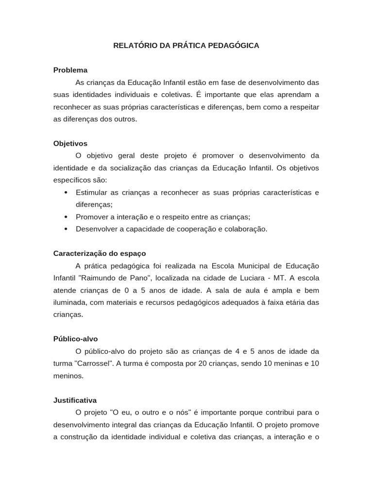 Relatório Da Prática Pedagógica | PDF | Pré-escola | Pedagogia