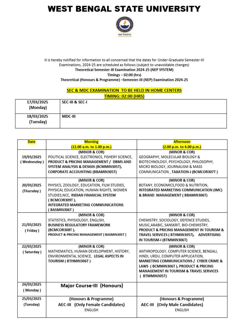 WBSU 3rd Semester Exam Schedule 2025 | PDF | Science