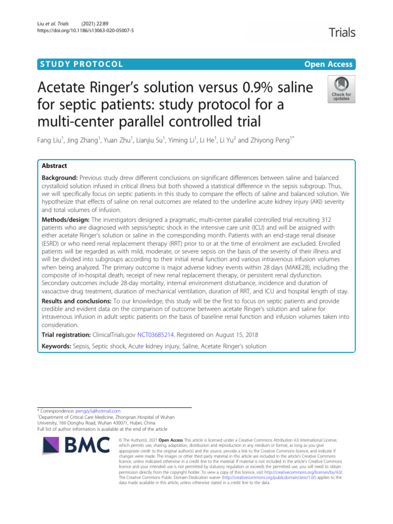 Acetate Ringer's Solution Versus 0.9% Saline - 13063 - 2020 - Article ...