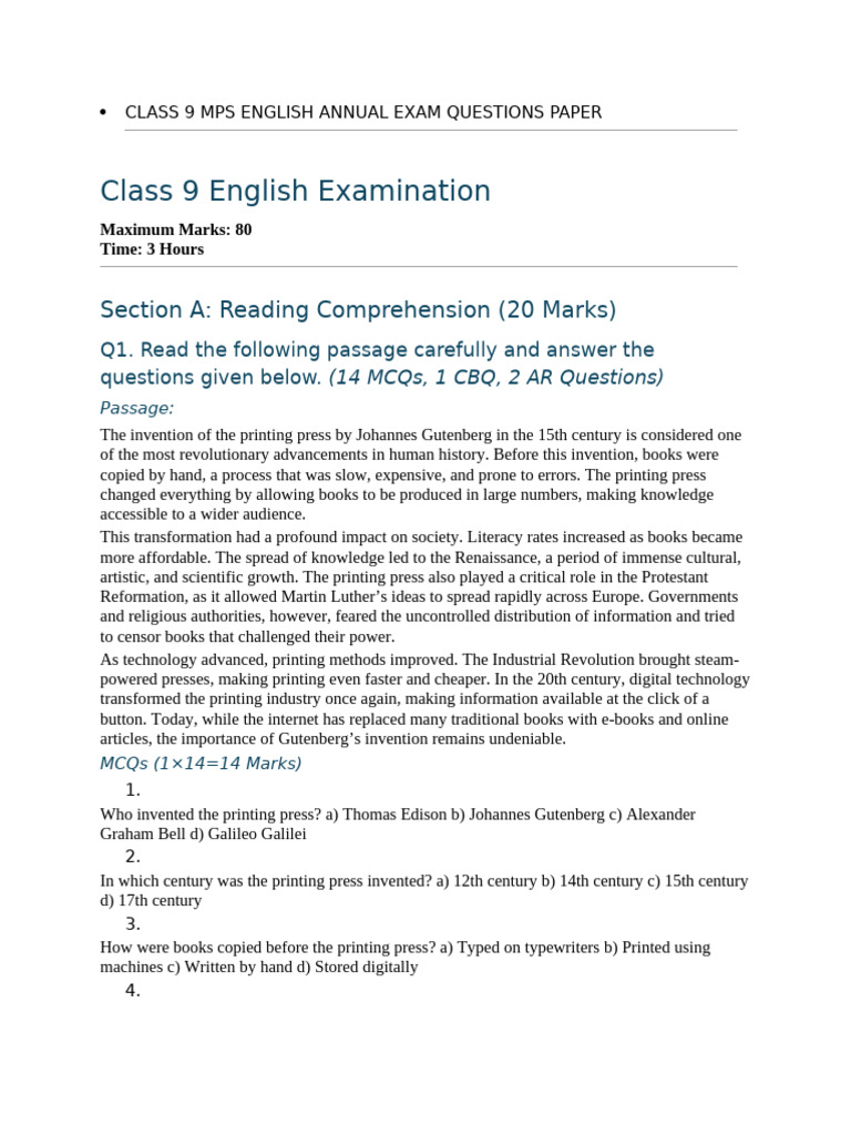 Class 9 MPS ENG ANNUAL EXAM PAPER 2024-2025 | PDF | Social Media ...
