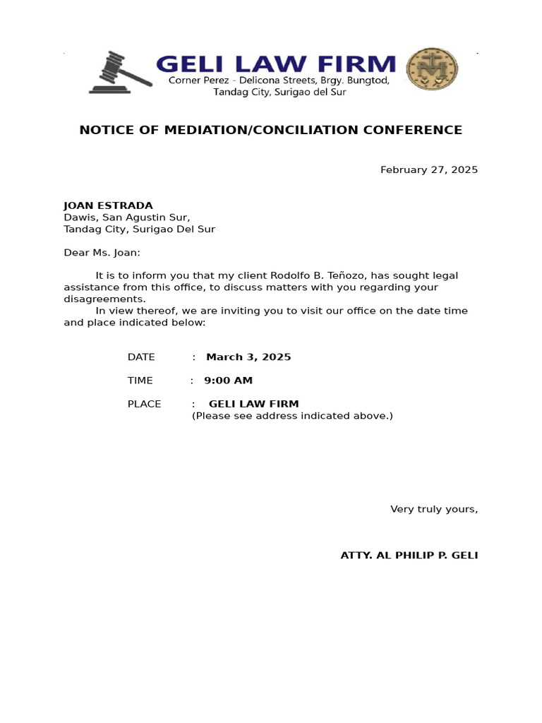 Notice of Mediation (Teñozo) | PDF