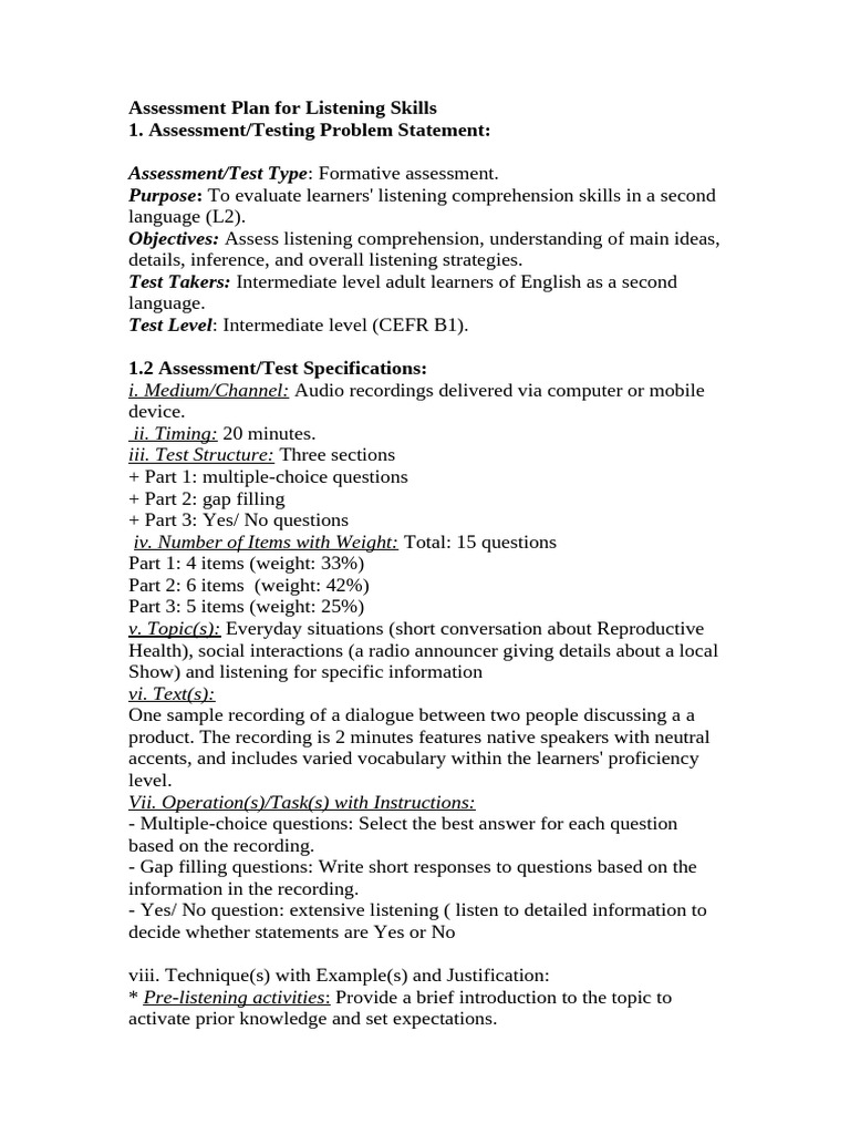 Assessment Plan For Listening Skills | PDF | Educational Assessment ...