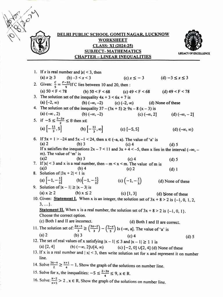 Class 11 Linear Inequalities Worksheet | PDF | Mathematical Concepts ...