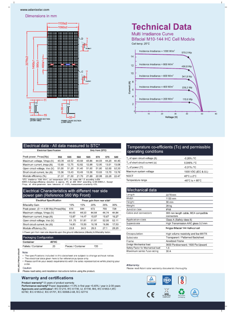 Adani 575wp Panel Datasheet | PDF