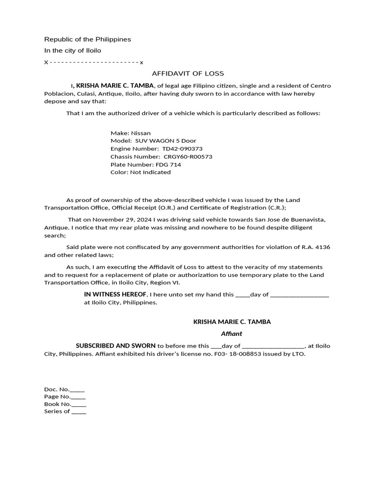 Affidavit of Loss Plate FDG 714 | PDF
