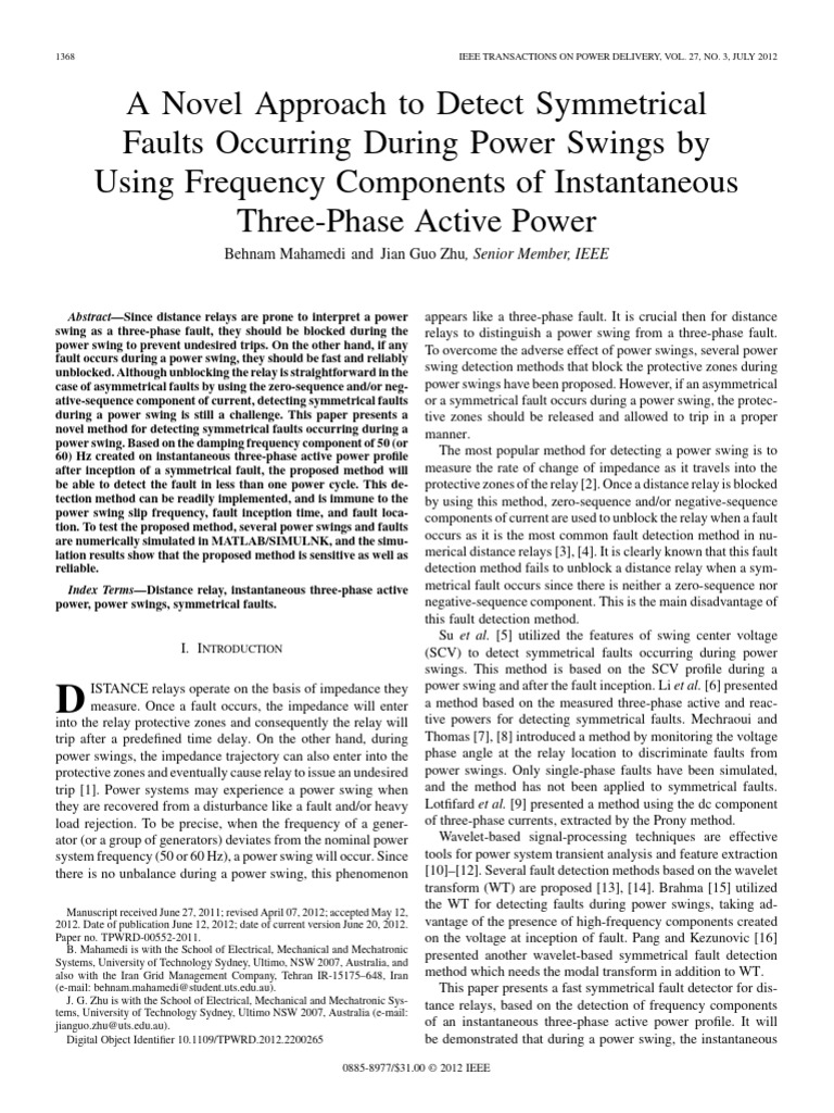 Detecting Symmetrical Faults in Power Swings | PDF | Frequency | Fast ...