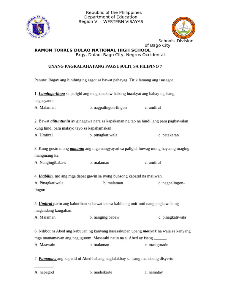 1st QUARTER EXAM FILIPINO | PDF