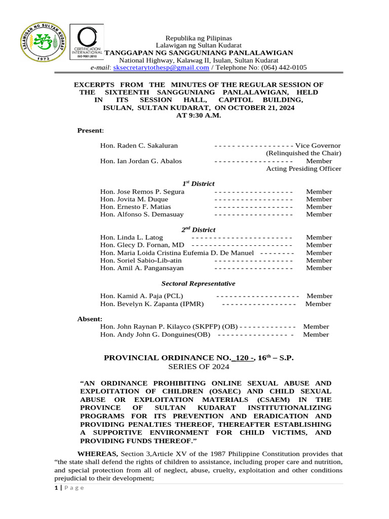 Provincial Ordinance No. 120, Csaem and Osaec | PDF | Human Trafficking ...