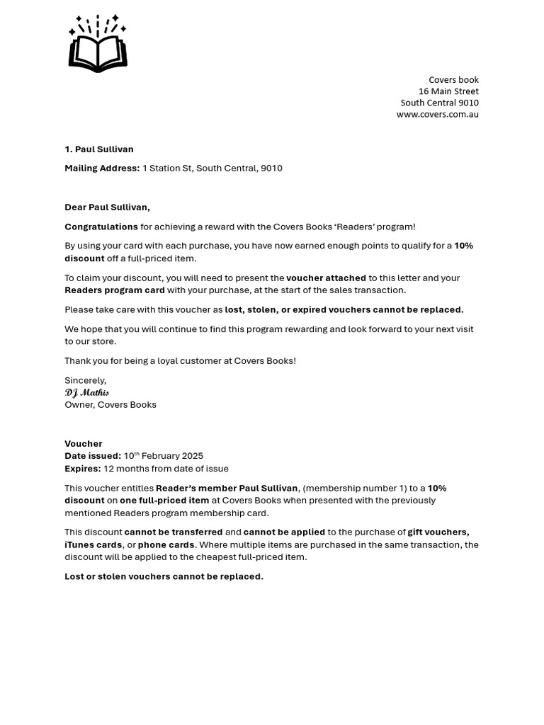Sagar Rai Readers Program Reward Letter 10022025 | PDF | Gift Card ...