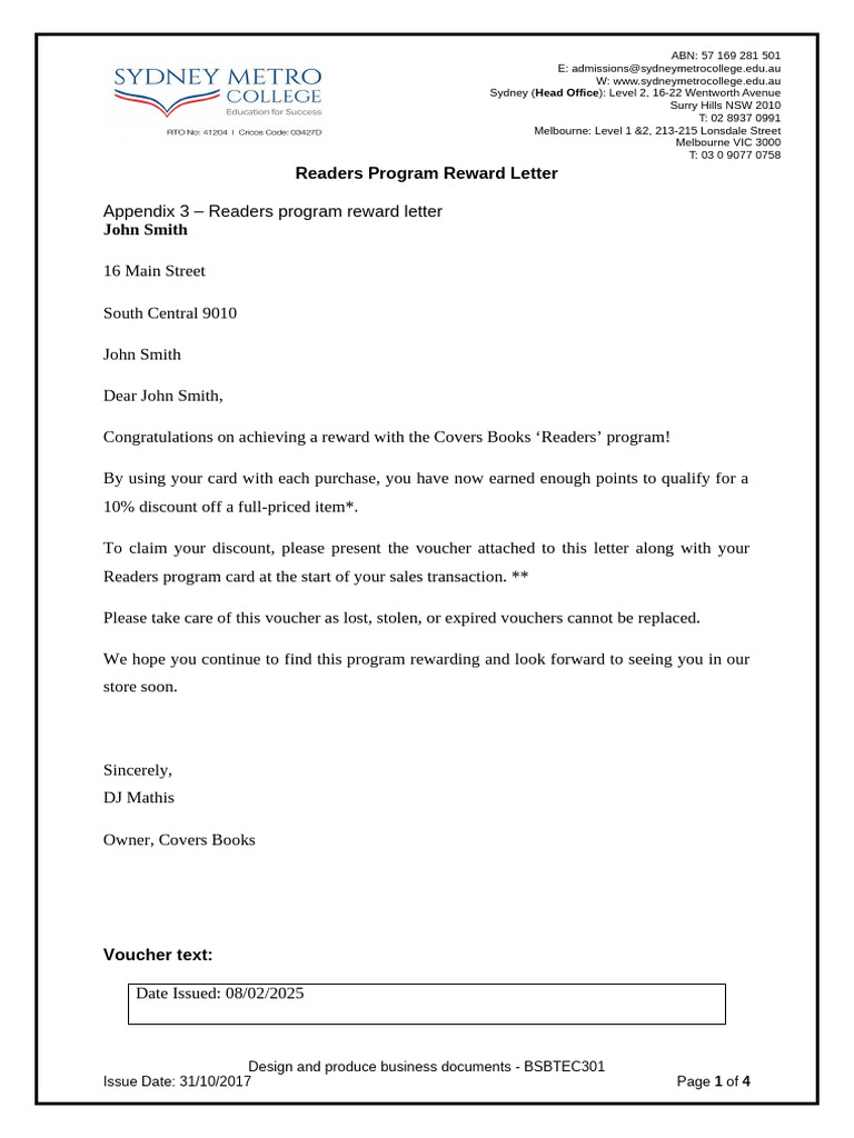 Readers Program Reward Letter 1 | PDF | Voucher | Payments
