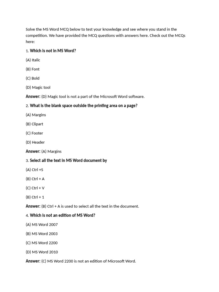 Solve The MS Word MCQ Below To Test Your Knowledge and See Where You ...