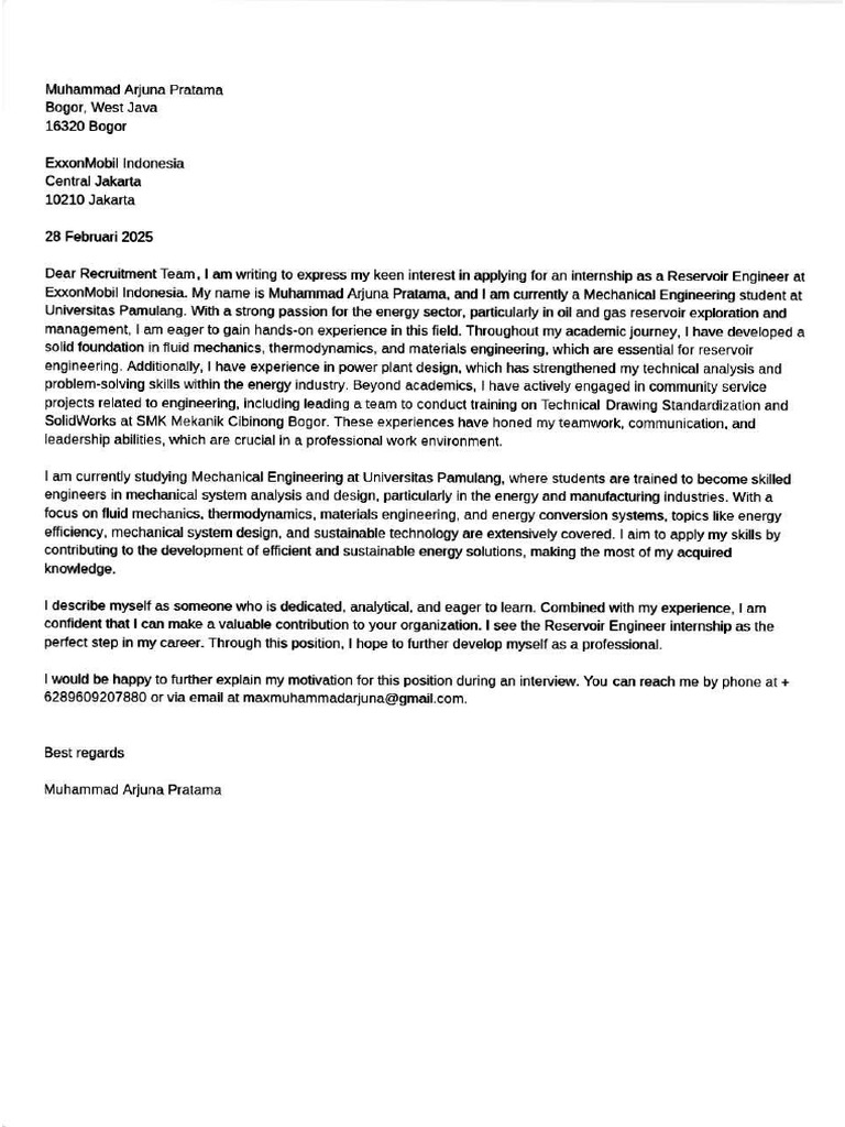 Muhammad Arjuna Pratama_Cover Letter | PDF
