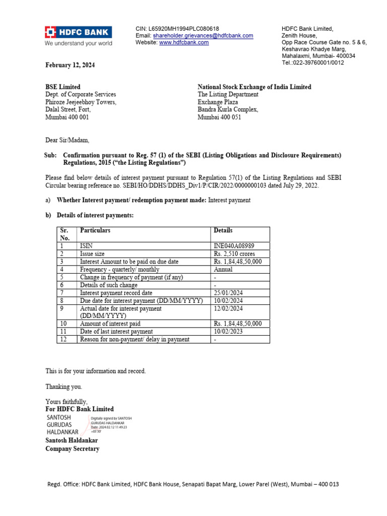 HDFC Notice - INE040A08989 | PDF | Equity Securities | Private Sector