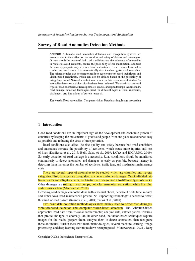 Survey Of Road Anomalies Detection Methods 2022 10 30 07 32 Pdf Deep Learning Accelerometer