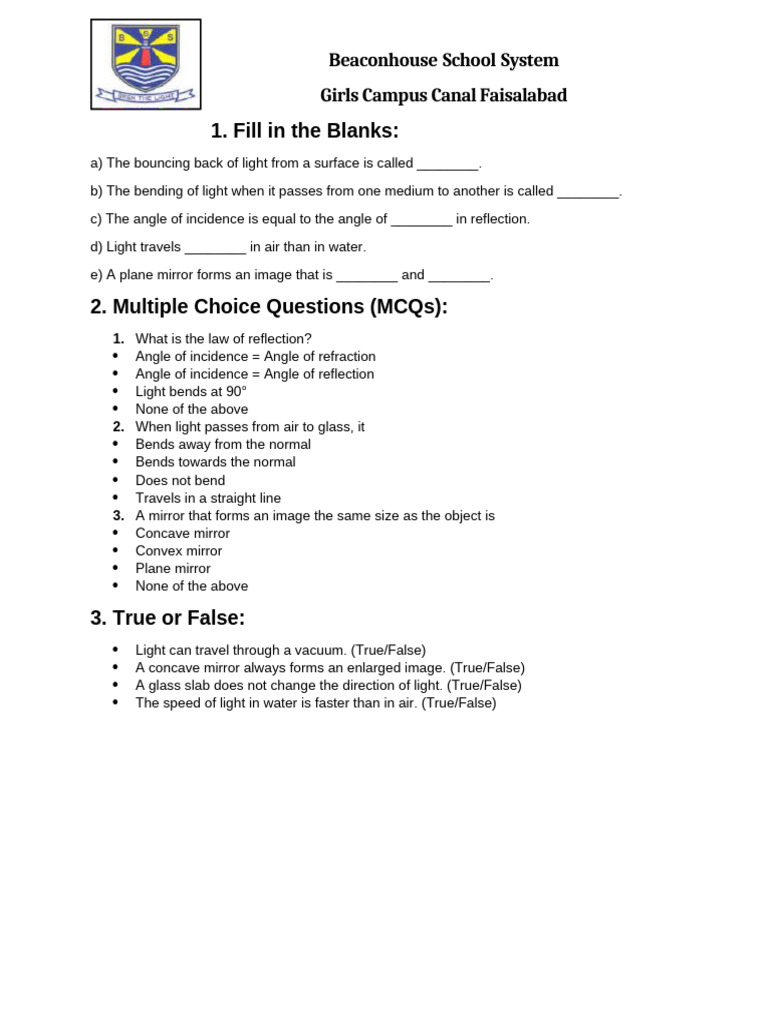 Reflection and Refraction of Light Quiz | PDF | Reflection (Physics ...