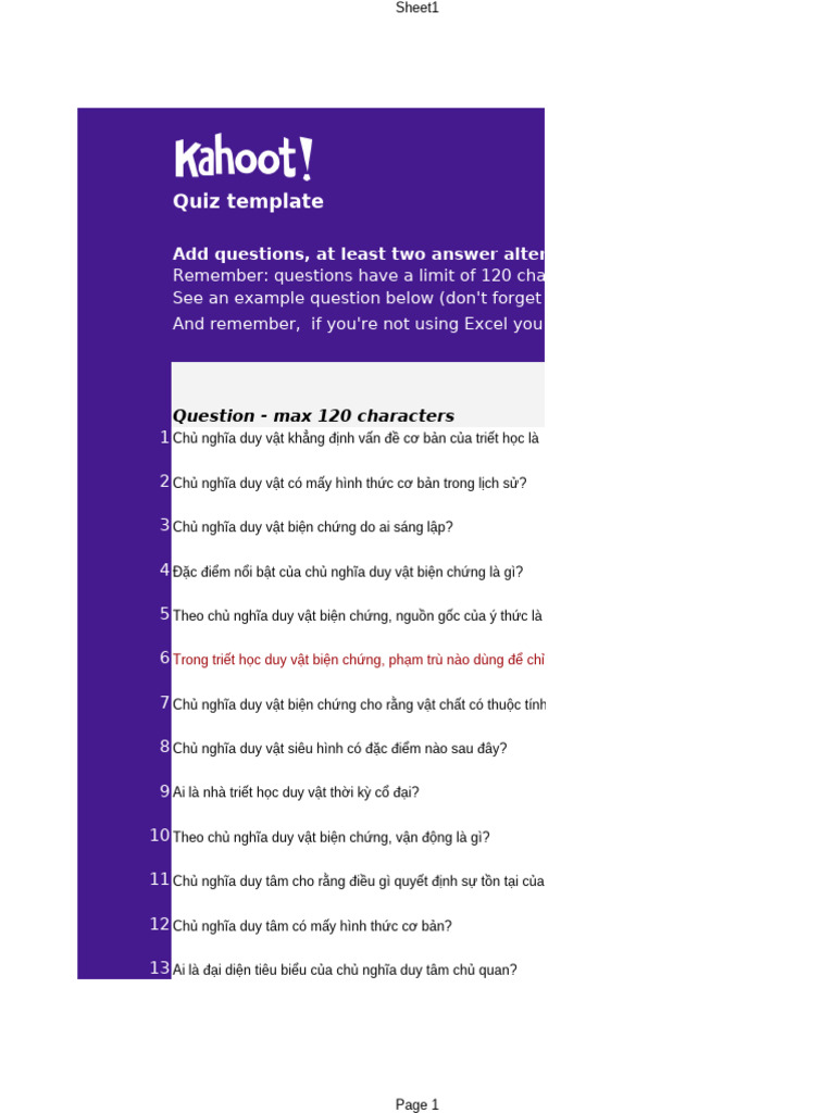Kahoot Quiz Spreadsheet Template | PDF