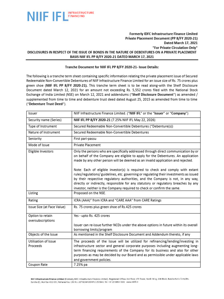 7.25 NIIF 2026 NSE March 2021 Termsheet | PDF | Bankruptcy | Interest