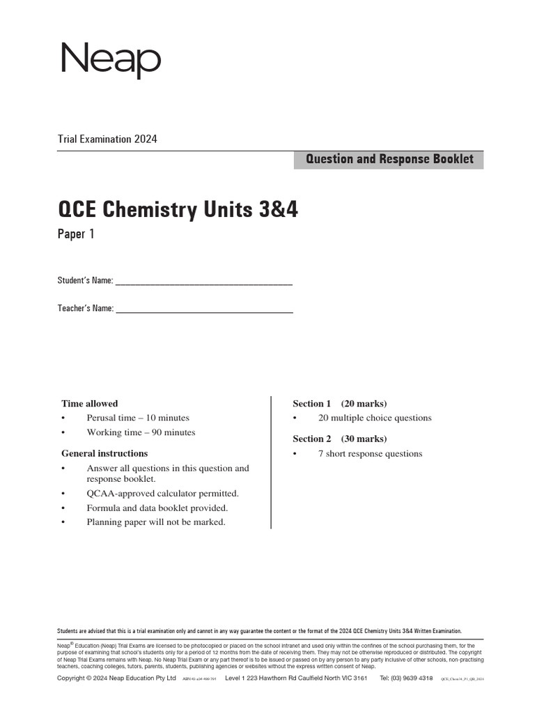 QCE Chemistry Units 3&4 Paper 1 Question and Response Booklet 2024 | PDF