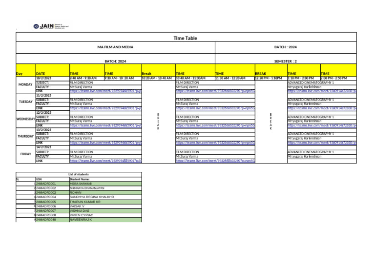 Online Class Time Table - Ma Film and Media | PDF